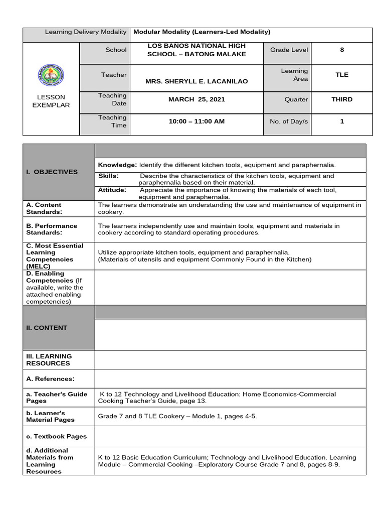 Detailed Lesson Plan Tools Utensils and Equipments | PDF | Stainless ...