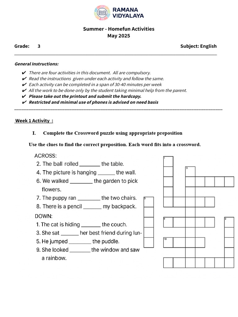 Grade 3 Summer Home Fun Activities | PDF | Crossword | Linguistics
