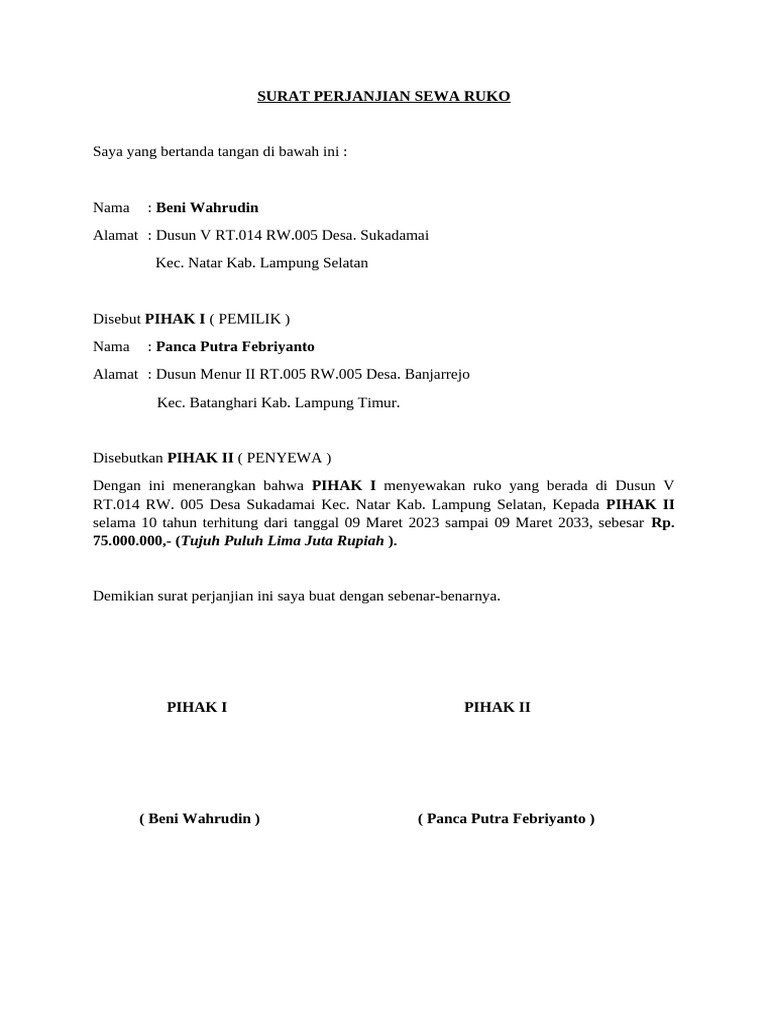 Surat Perjanjian Sewa Ruko | PDF