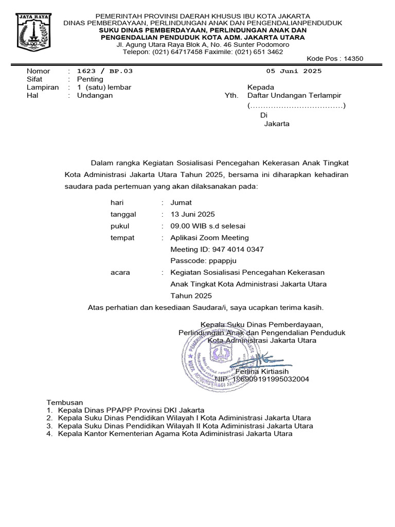 Surat Undangan Sosialisasi Pencegahan Kekerasan Anak 13 Juni 2025 Cap TTD | PDF