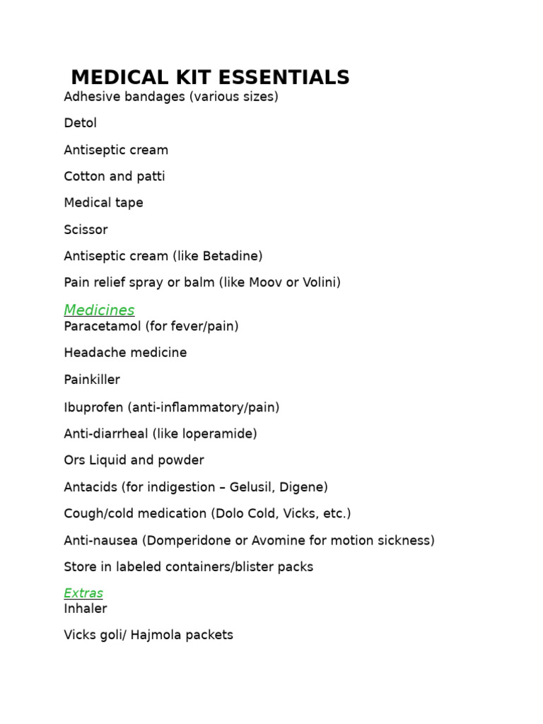 Essential Medical Kit Checklist | PDF