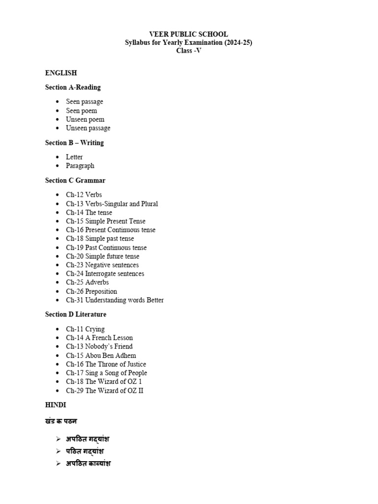 Class V Yearly Exam Syllabus 2024-25 | PDF