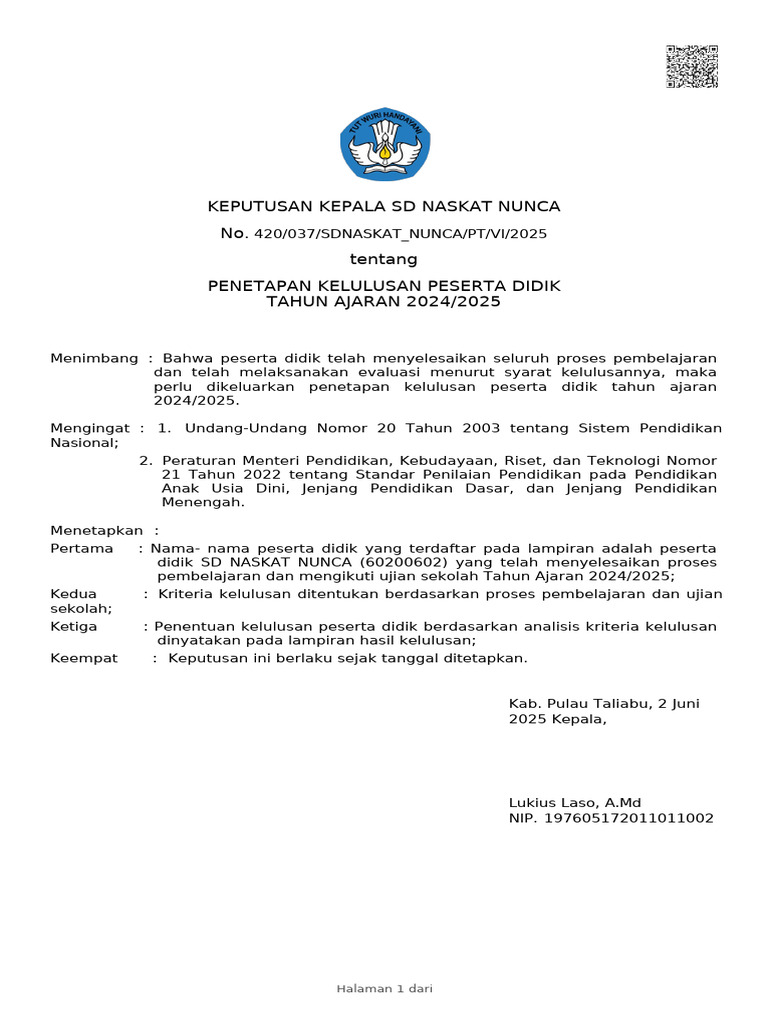 Contoh SK Penetapan Kelulusan 2025 | PDF