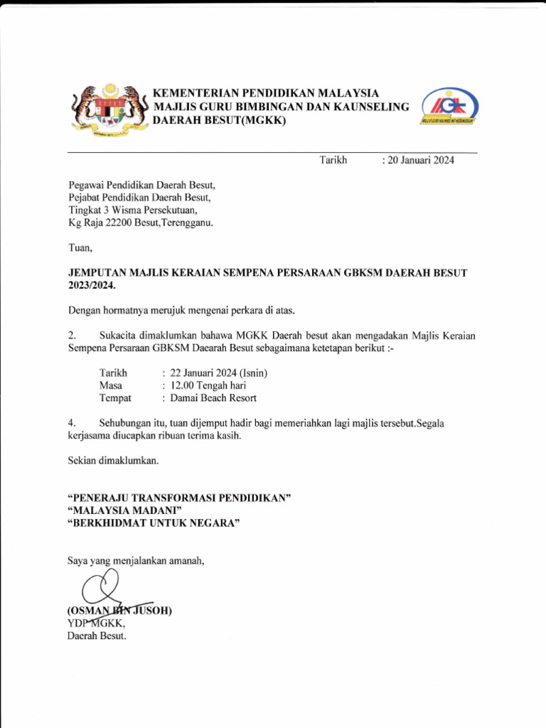 Surat Jemputan Majlis Keraian Sempena Persaraan GBKSM Daerah Besut ...