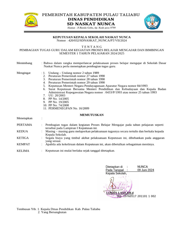 Contoh SK PEMBAGIAN-TUGAS-MENGAJAR-TP-2024-2025-smt-1 | PDF