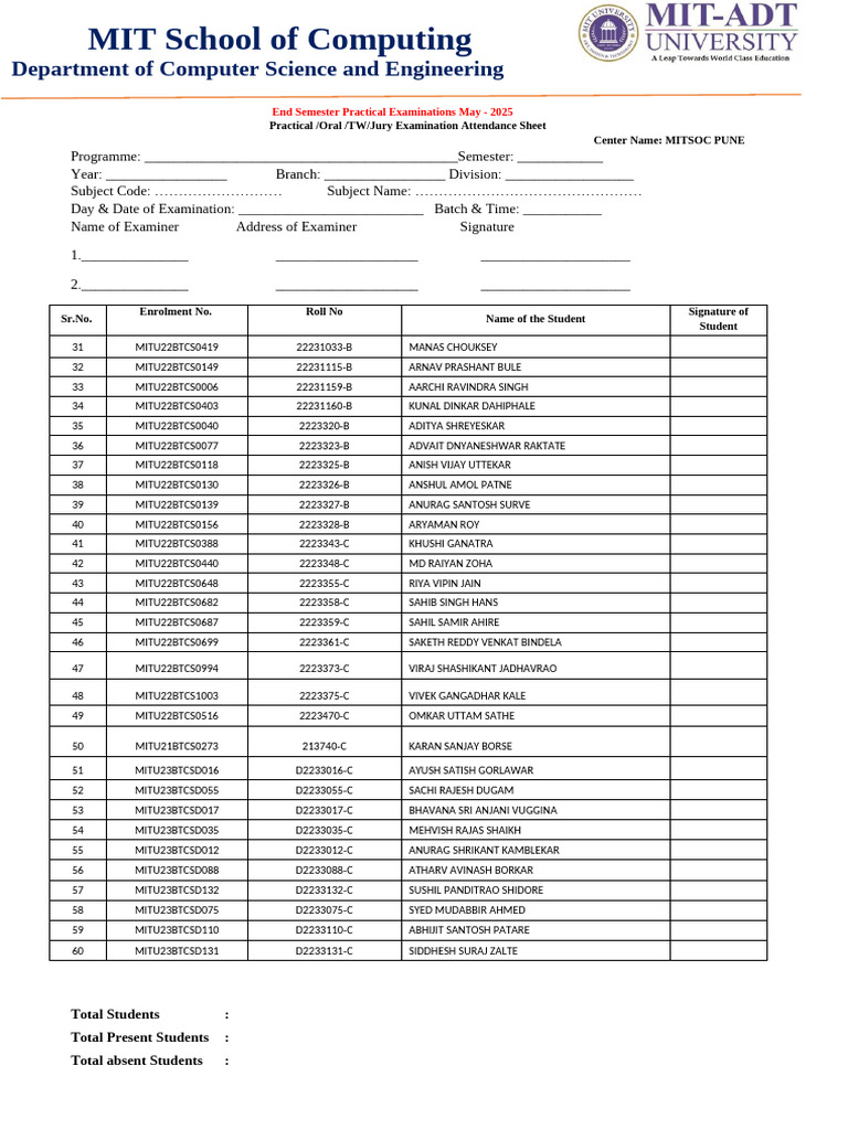 Practical Attendance Sheet - May 2025 - AIA - 2 - (31 - 60) | PDF