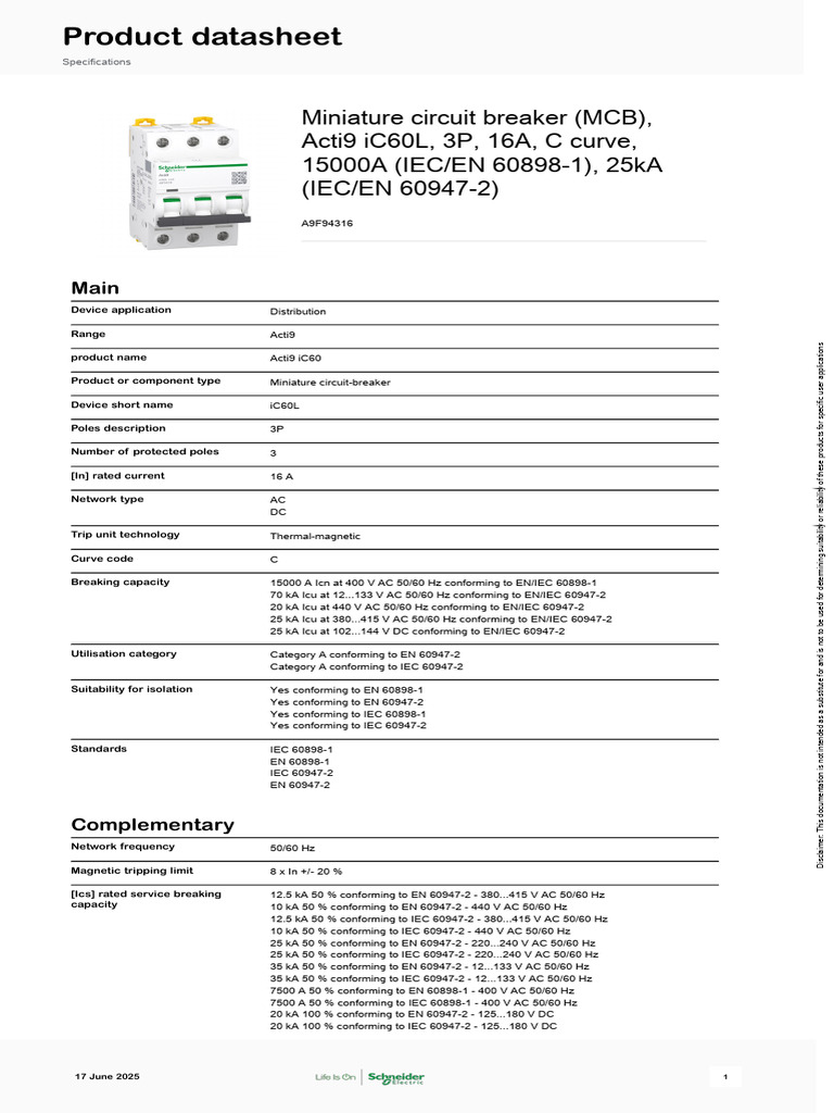 Schneider Electric Acti9-IC60 A9F94316 | PDF | Alternating Current ...