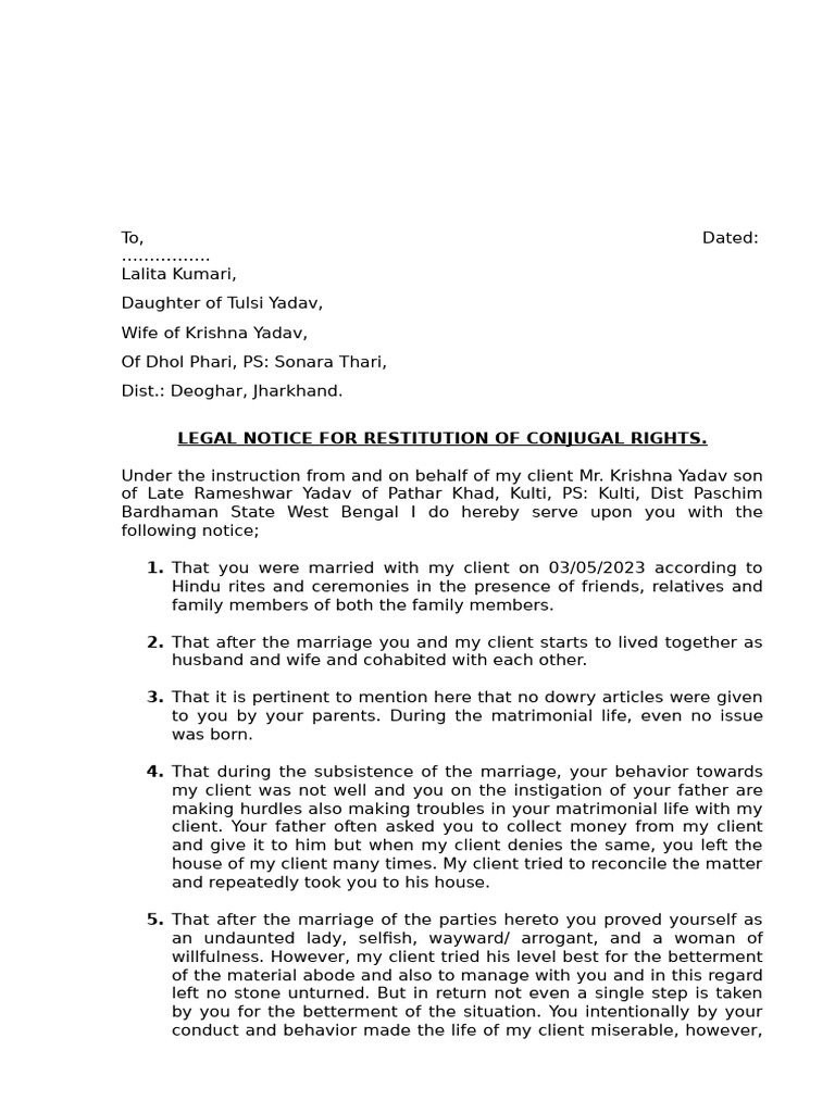 Krishna Yadav Legal Notice For Restitution of Conjugal Rights | PDF ...