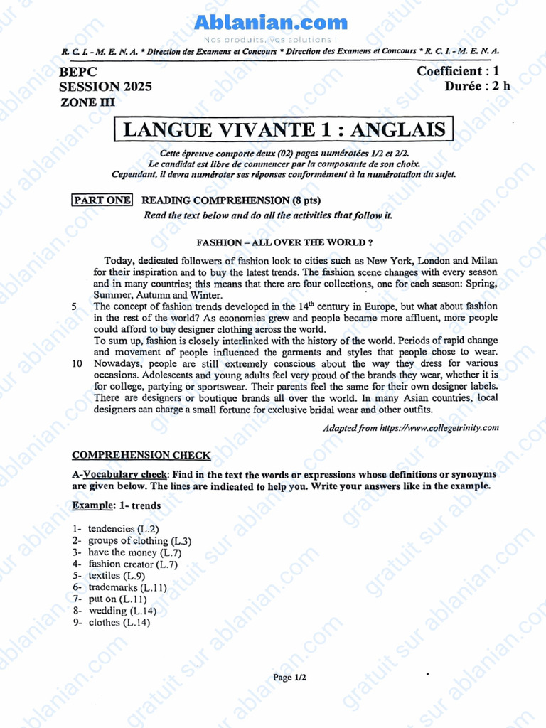 Sujet Bepc 2025 Anglais Zone III | PDF