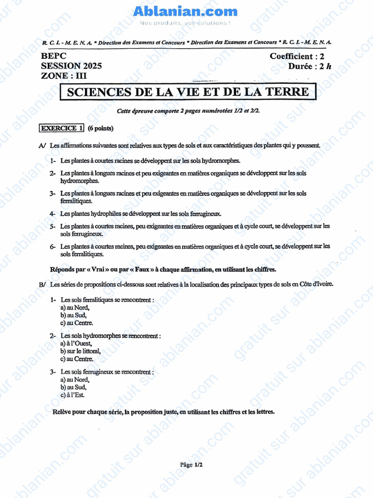 Sujet Bepc 2025 SVT Zone III | PDF