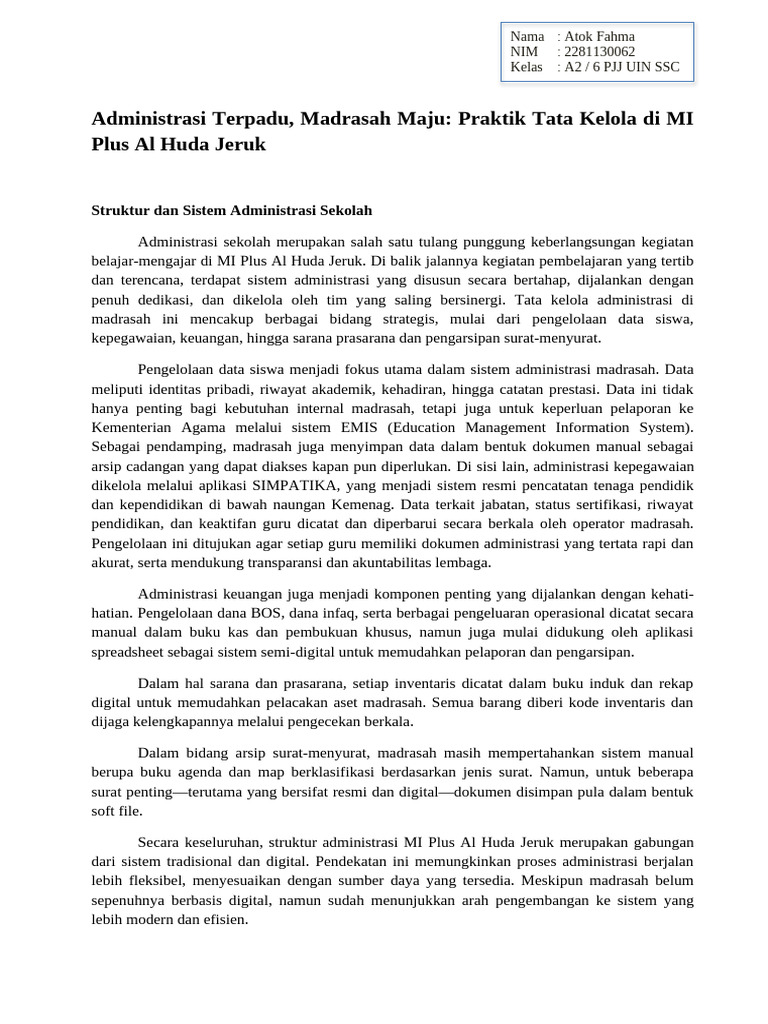 Tata Kelola Administrasi MI Plus Al Huda | PDF