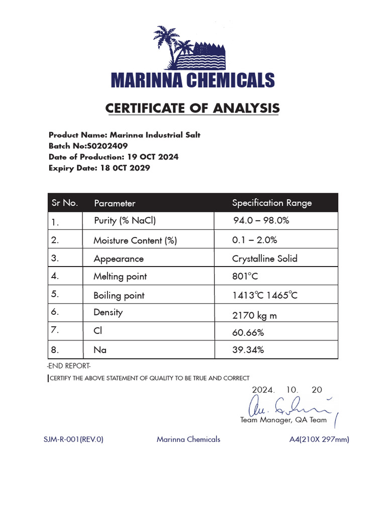S0202409 Marinna Industrial Salt COA | PDF