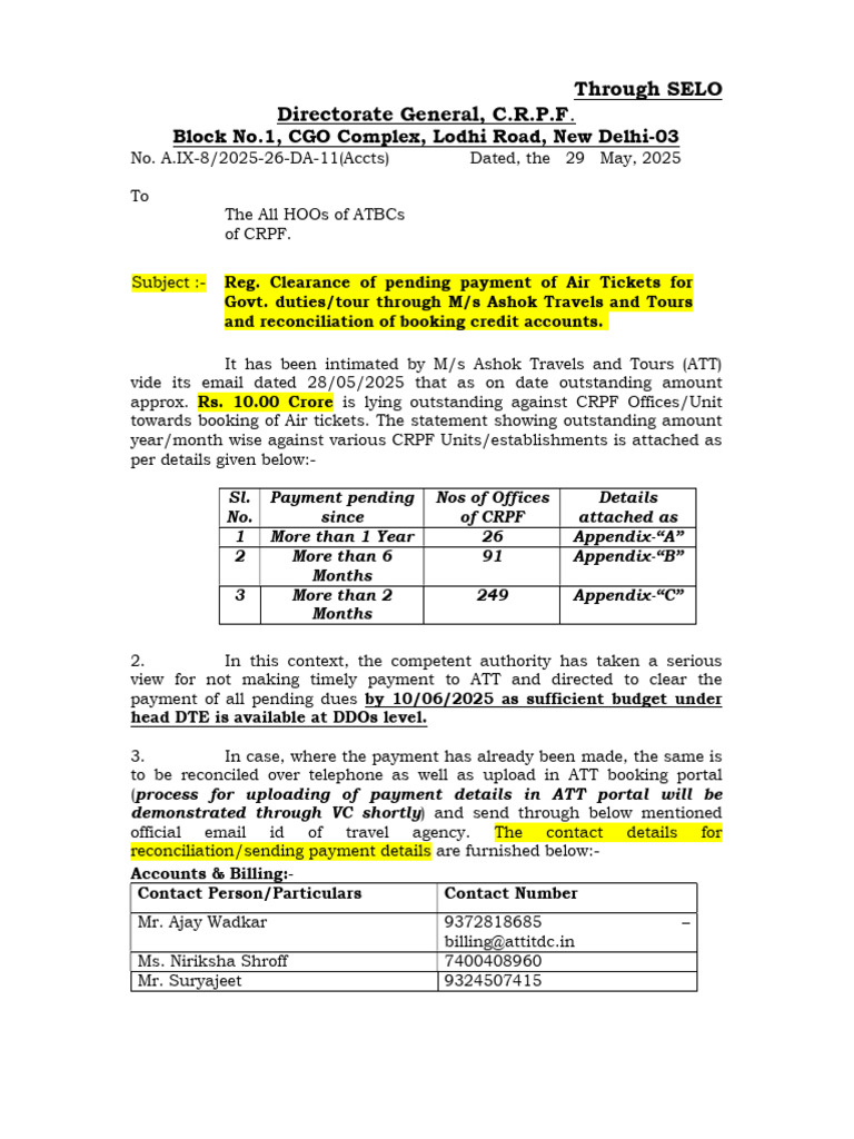 CRPF Air Ticket Payment Clearance | PDF