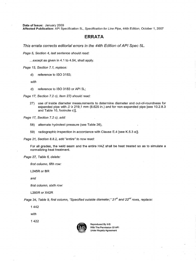 ANSI API SPEC 5L 2007 ISO 3183 2007 Mod ERRATA 2009 | PDF