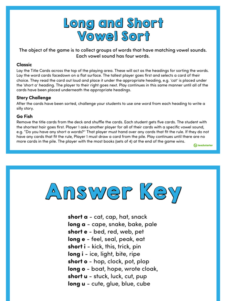 Long and Short Vowel Word Sort Game | PDF