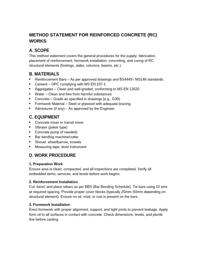 Method Statement RC Works | PDF | Concrete | Mechanical Engineering