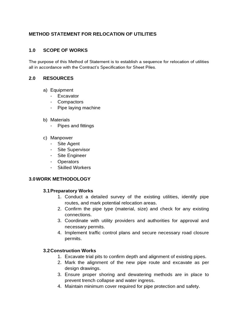 METHOD STATEMENT FOR RELOCATION OF UTILITIES | PDF | Pipe (Fluid Conveyance) | Deep Foundation