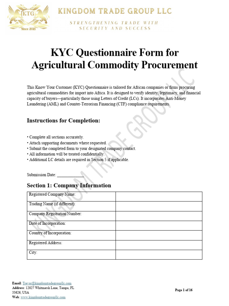 KYC Questionnaire Form For Agricultural Commodity Procurement - Africa | PDF | Letter Of Credit ...