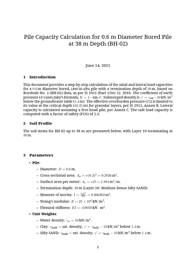 Pile Capacity Calculation For 0.6 M Diameter Bored Pile at 38 M Depth ...