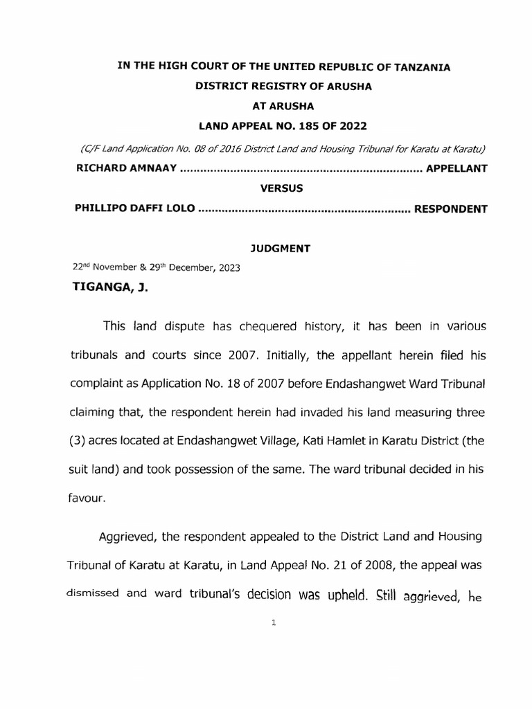 Richard Amnaay Vs Philipo Daffi Lolo (Land Appeal No 185 of 2022) 2023 TZHC 23540 (29 December ...