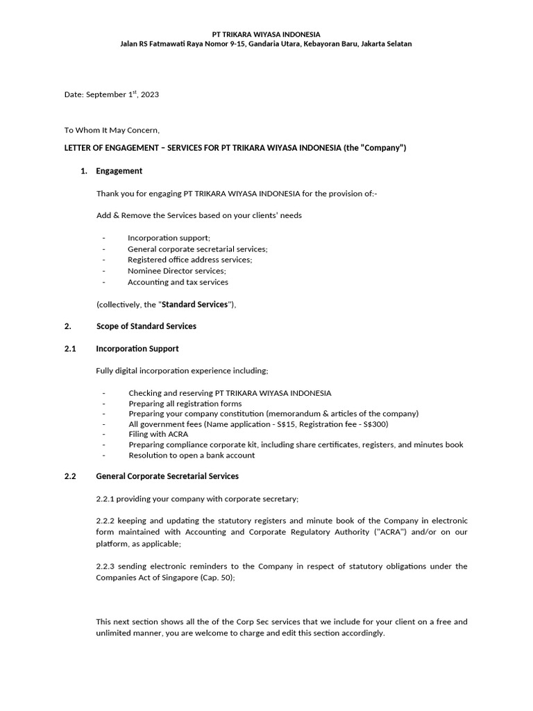 Engagement Letter for Corporate Services | PDF | Indemnity | Business Law