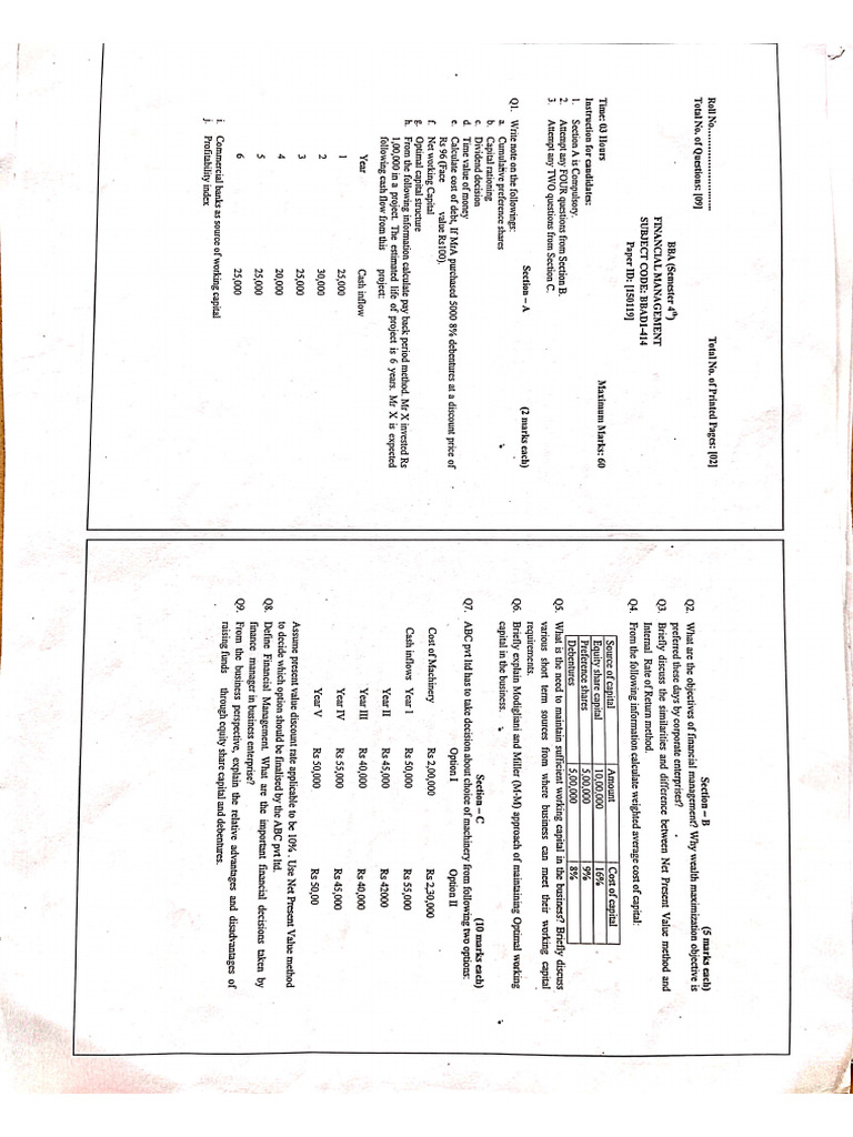 Previous Year Question Paper of Financial Management | PDF