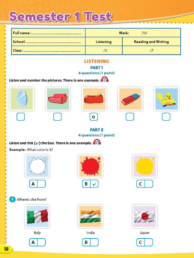 Kid 3 Semester 1 Test | PDF