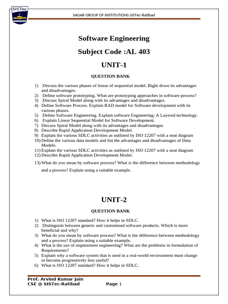 AL 403 Software Engineering Question Bank | PDF | Software Development ...