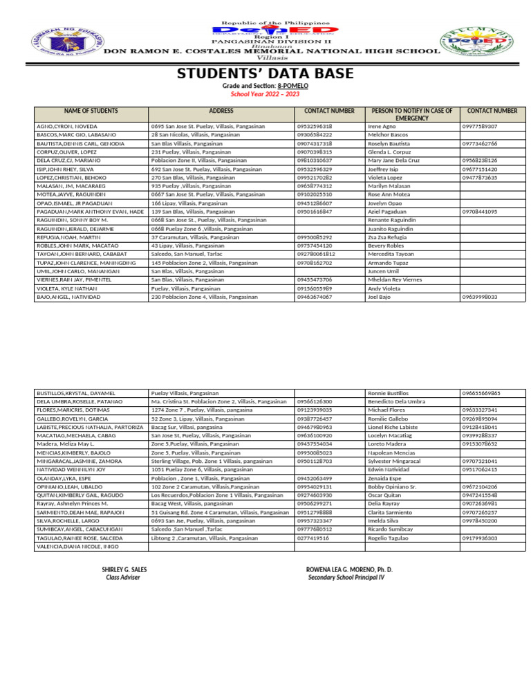 Taguile DRRM Students Data Base | PDF