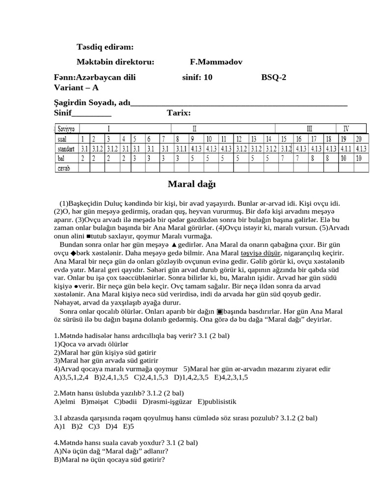 10-Cu Sinif BSQ 2 Variant A | PDF