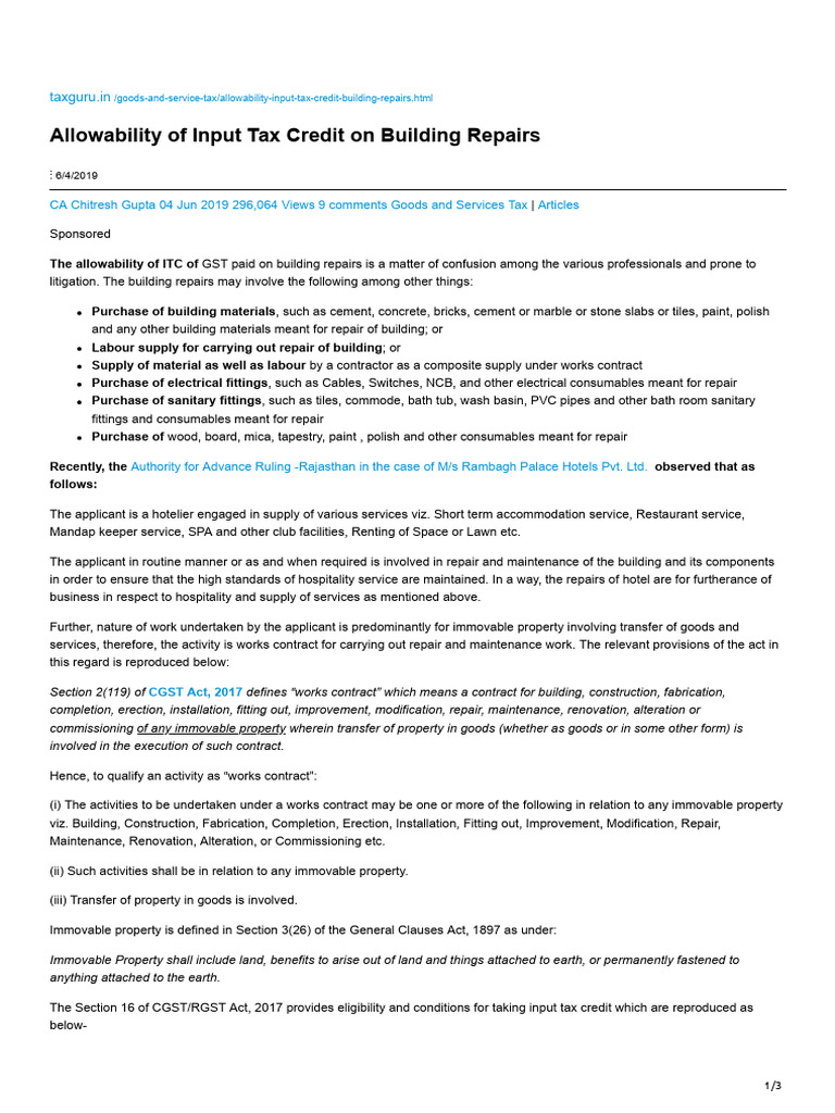 Taxguru - In-Allowability of Input Tax Credit On Building Repairs | PDF ...