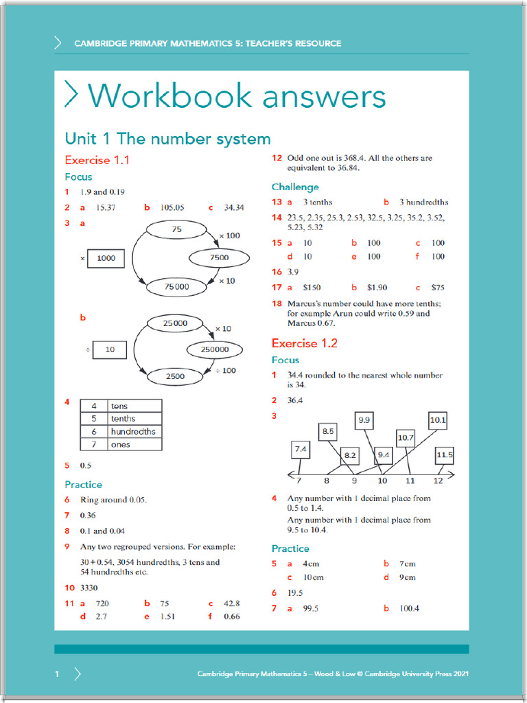 Cambridge Primary Math 5 Teacher's Resource - Workbook Answers | PDF