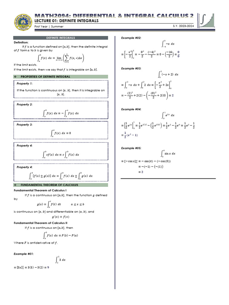 Lecture 01 Definite Integrals | PDF | Mathematical Concepts ...