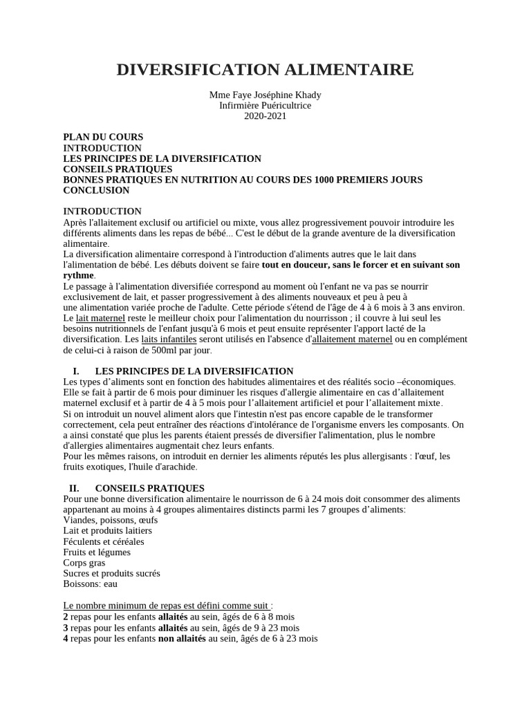 Guide de Diversification Alimentaire | PDF | Allaitement | Sevrage ...