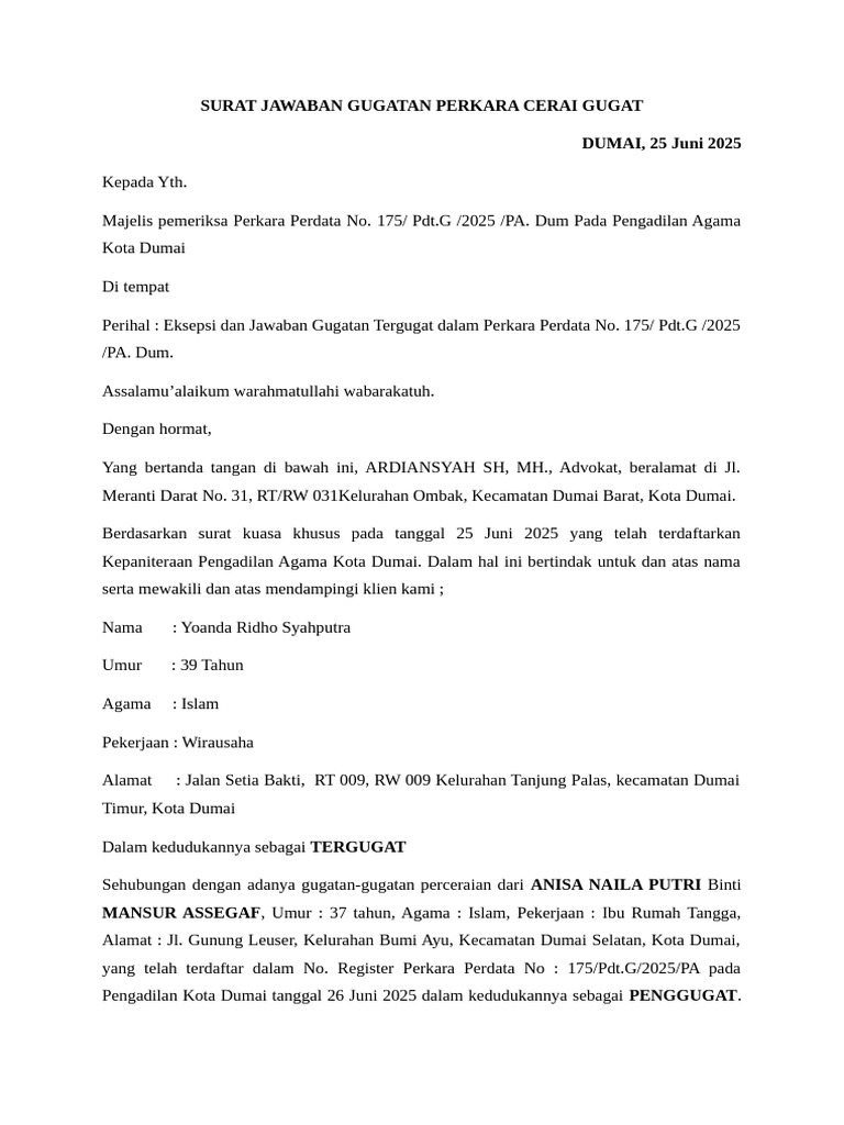 Surat Jawaban Gugatan Perkara Cerai Gugat 1 | PDF