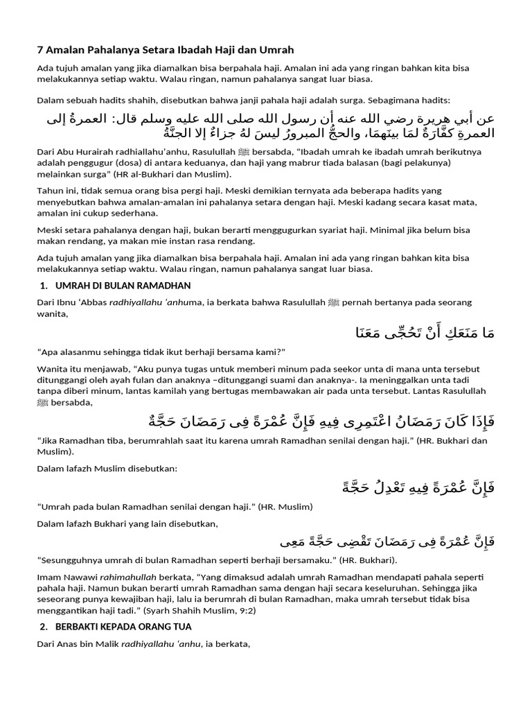 7 Amalan Pahalanya Setara Ibadah Haji Dan Umrah | PDF