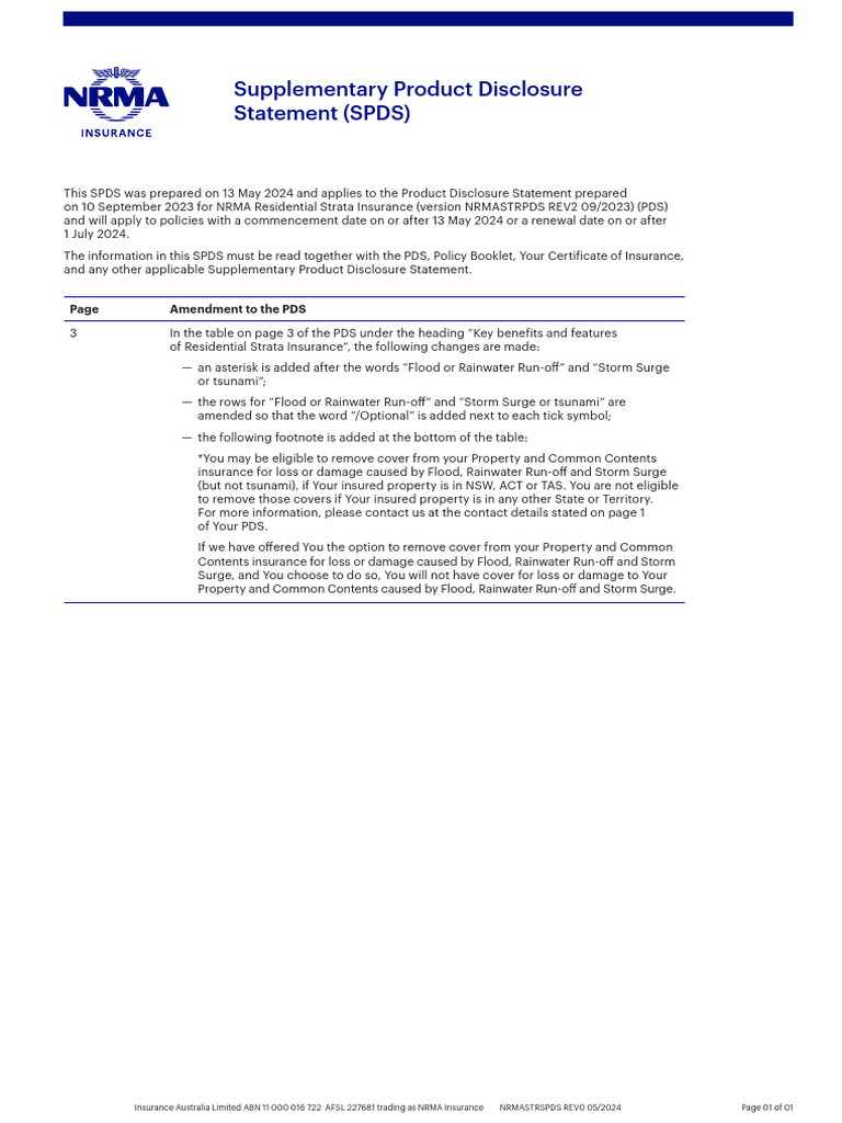 Nrma Resi Strata Pds Nrmastrspds Rev0 052 | PDF