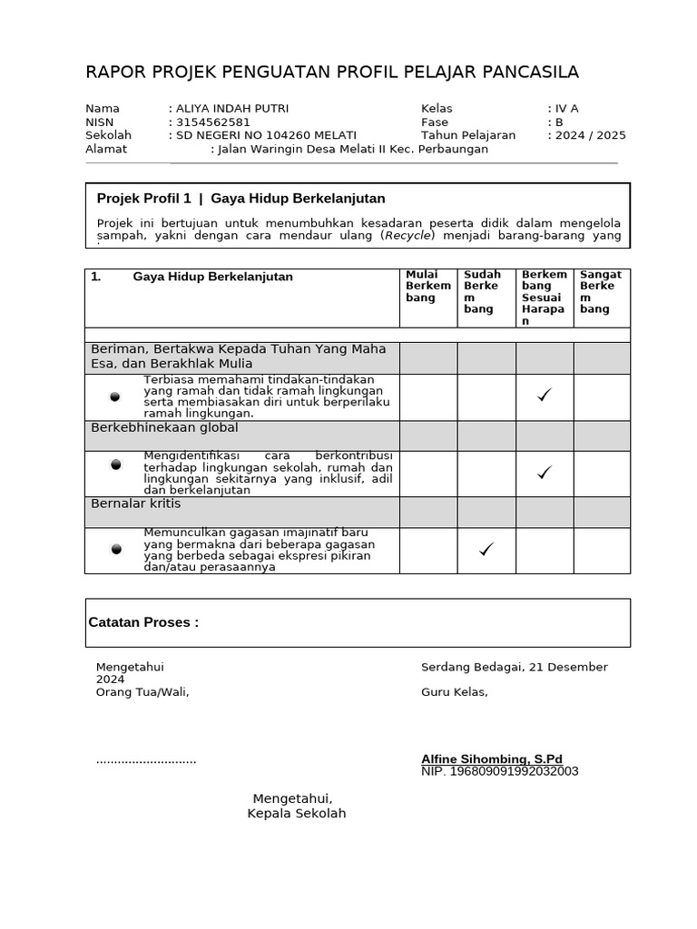 Rapor P5 Kelas 4a Done | PDF
