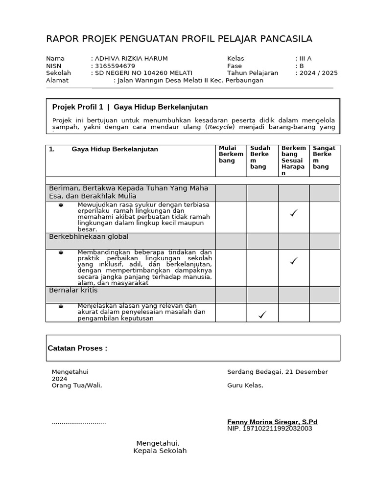 Rapor P5 Kelas 3a Done | PDF