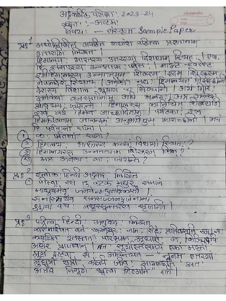 Class 8th Sanskrit Sample Paper | PDF