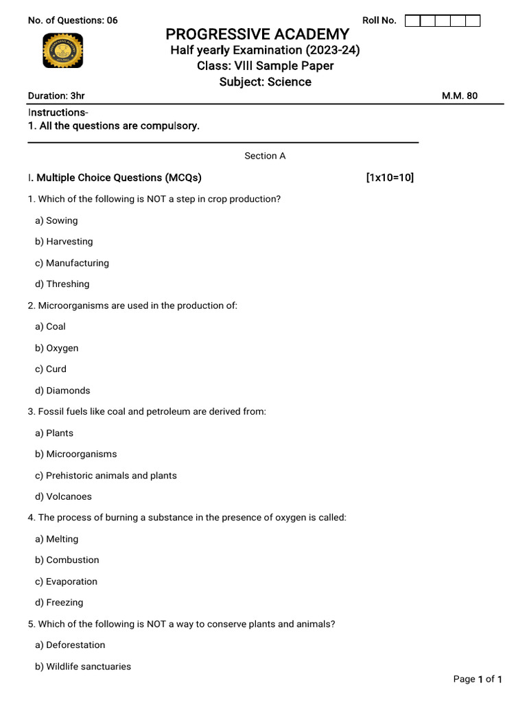 Class 8 Science Half-Yearly Sample Paper | PDF | Fuels | Soil