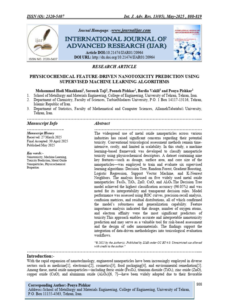 Physicochemical Feature-Driven Nanotoxicity Prediction Using Supervised Machine Learning ...