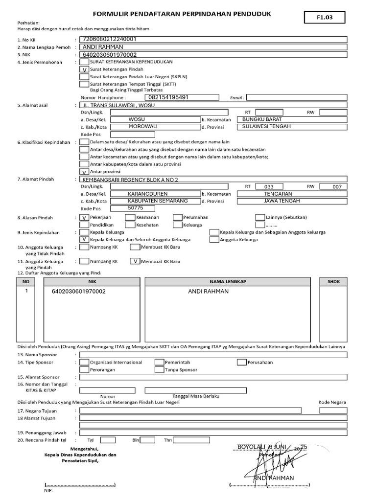 F-1.03 Formulir Pendaftaran Perpindahan Penduduk | PDF