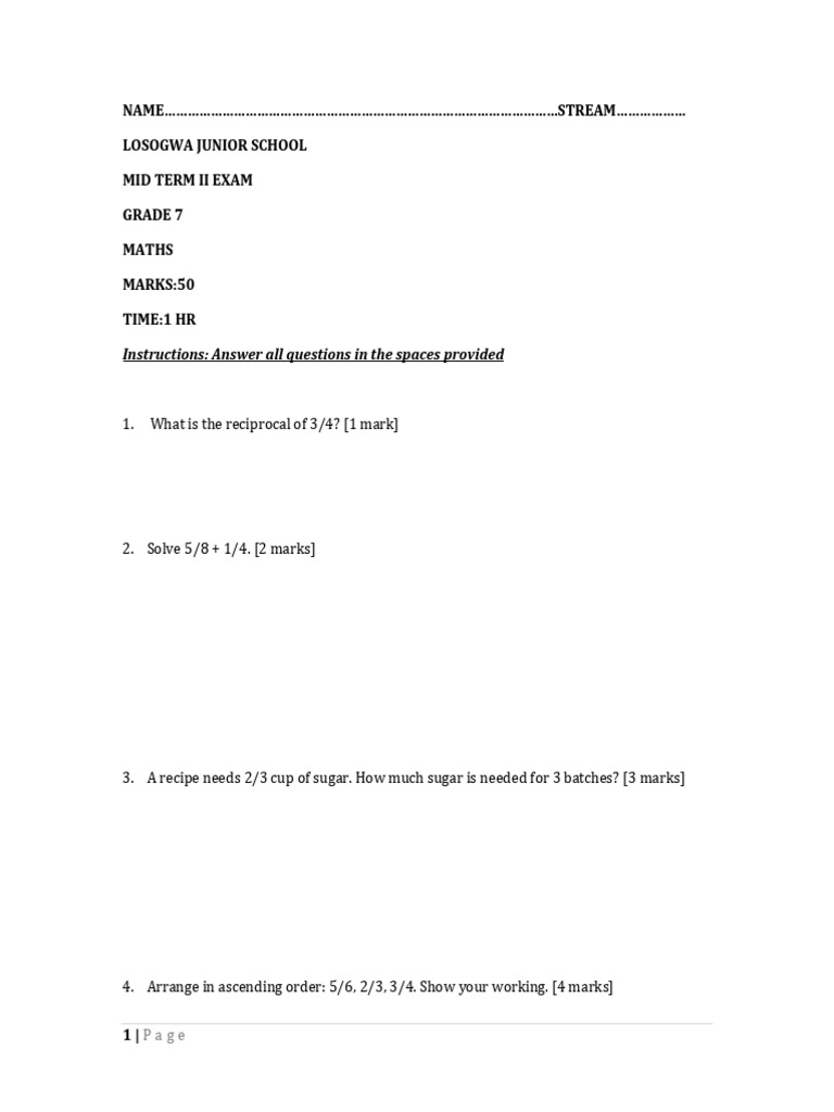 Maths Grade 7 Mid Term II | PDF