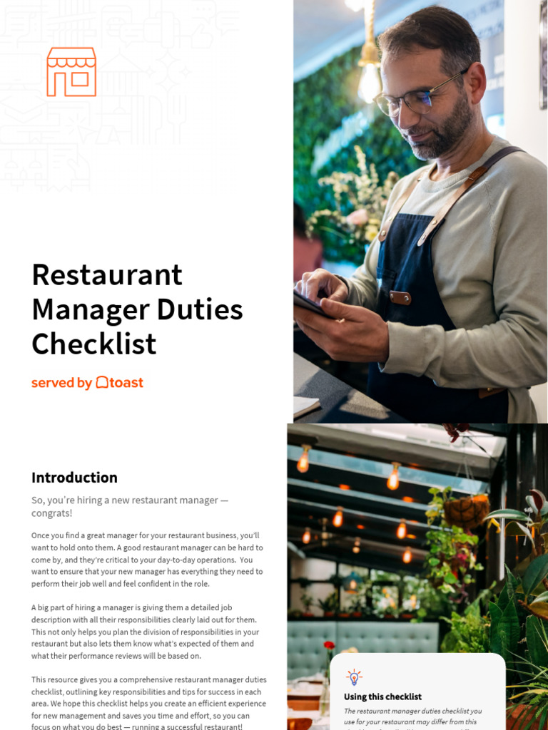 Restaurant Manager Duties Checklist | PDF | Inventory | Point Of Sale