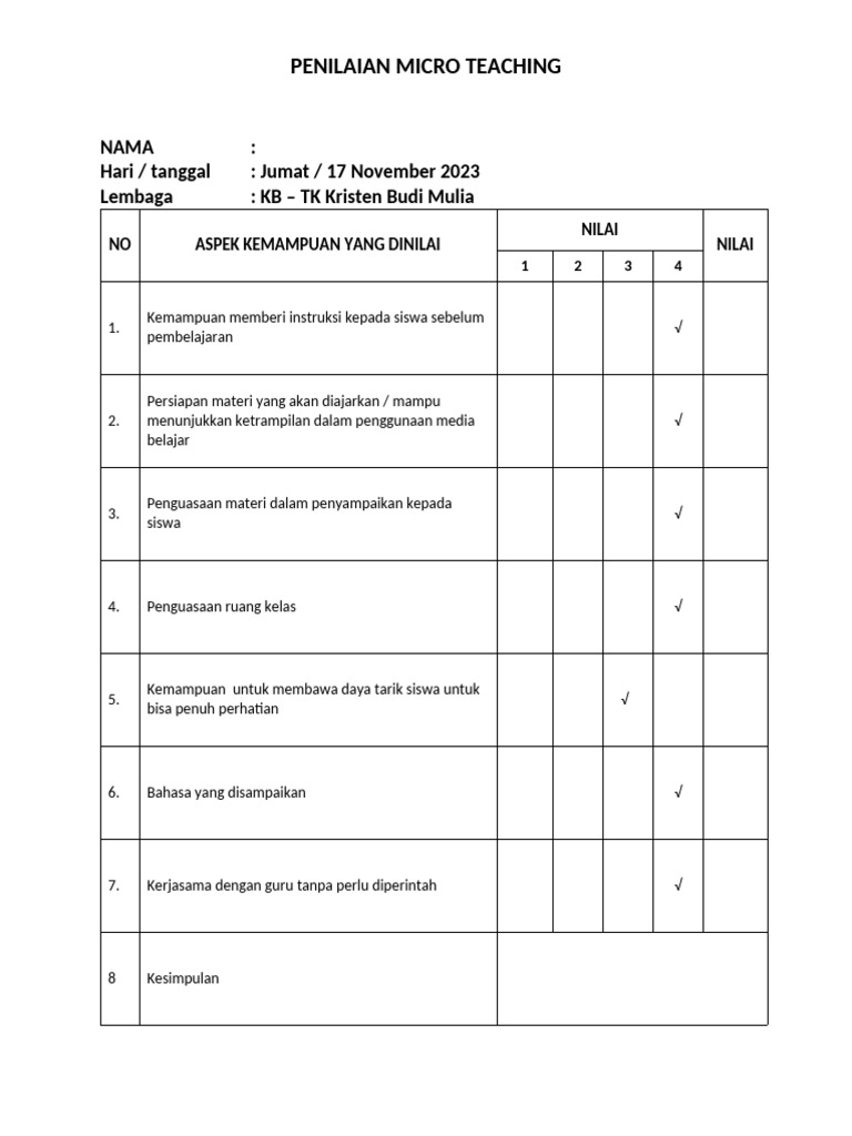 Penilaian Micro Teaching TK | PDF