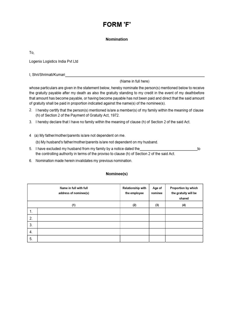 Gratuity Nomination Form F | PDF