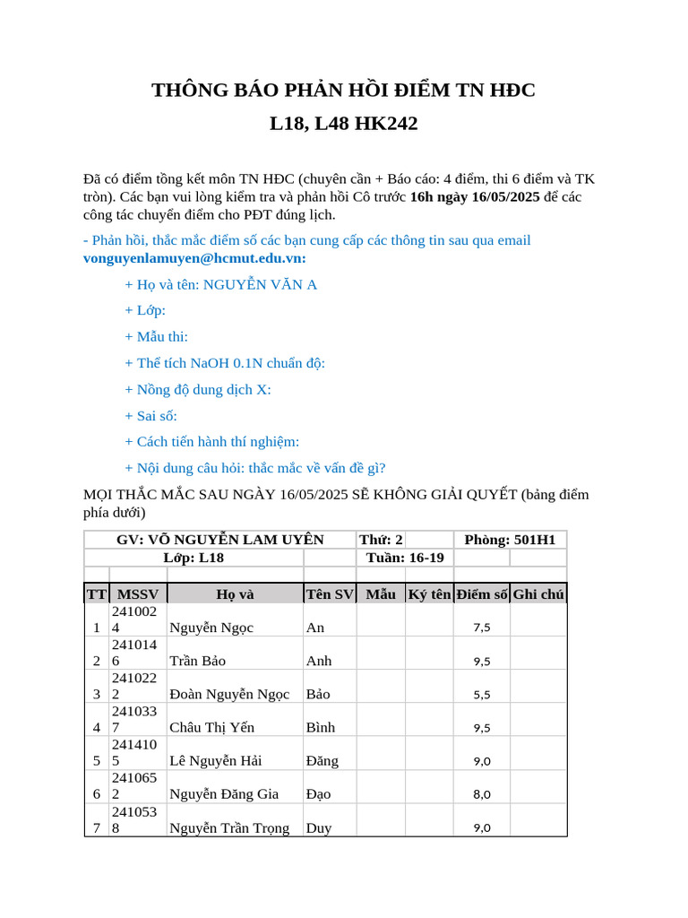 Thông Báo Phản Hồi Điểm TN HĐC HK242 Dot 1 | PDF