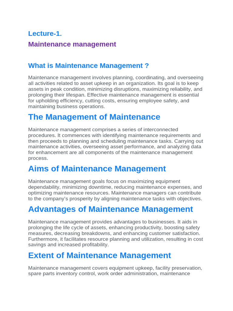 LECTURE-1 Maintenance Management | PDF | Reliability Engineering | Business