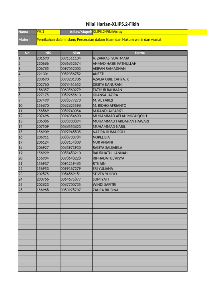 Contoh Nilai Harian-XI - IPS.2-Fikih | PDF